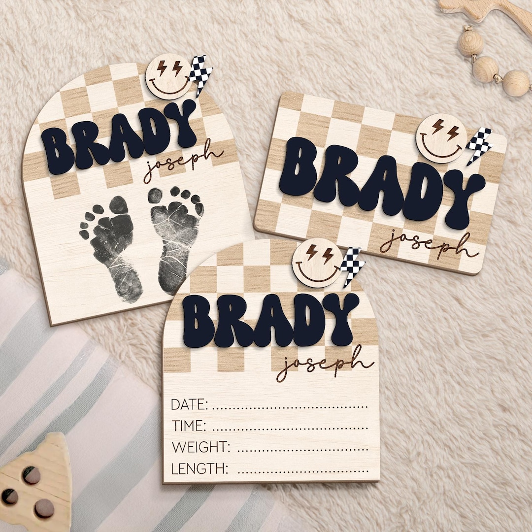 Baby Announcement Sign, Baby Boy Name Sign, Checkered Retro Baby Birth ...