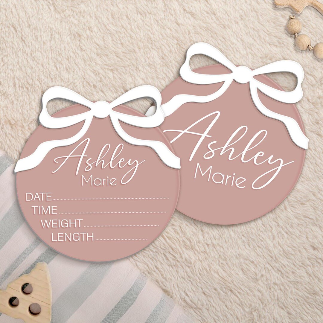 Baby Birth Announcement Sign, Coquette Bow Name Sign, Newborn Stats ...
