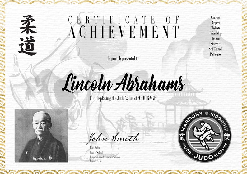 Editable Judo Certificate or Judo Values Achievement, Martial Arts ...