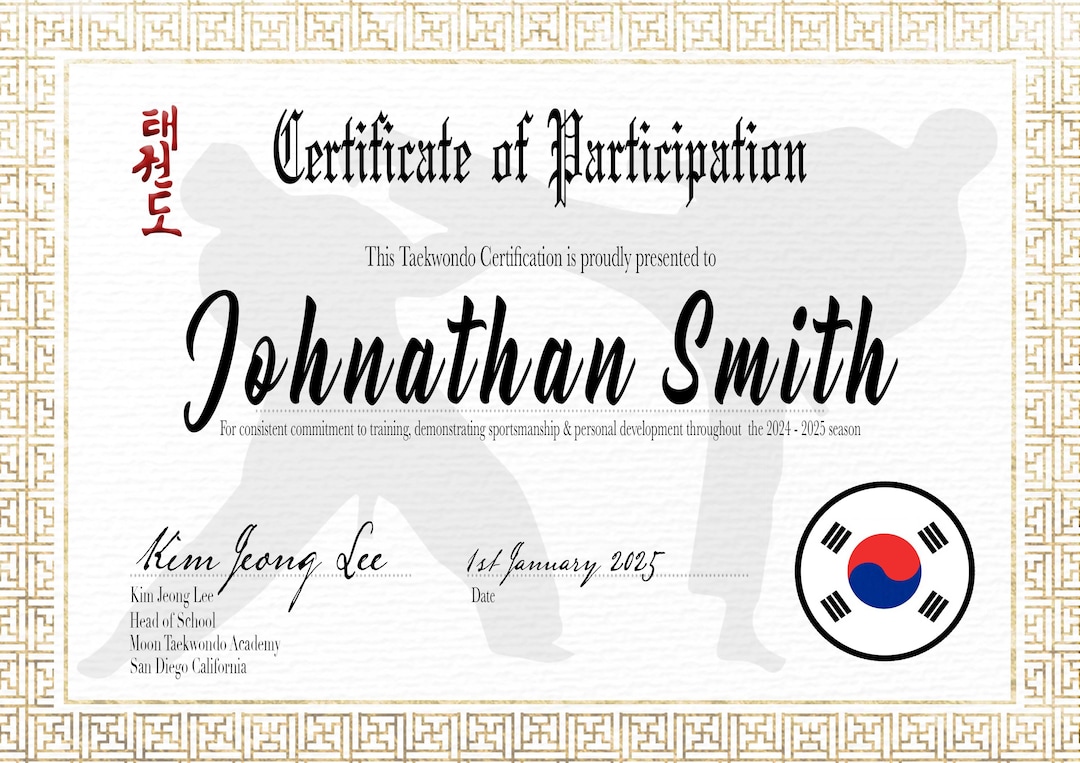 A4 Editable Martial Arts Certificate, Taekwondo Participation Award ...