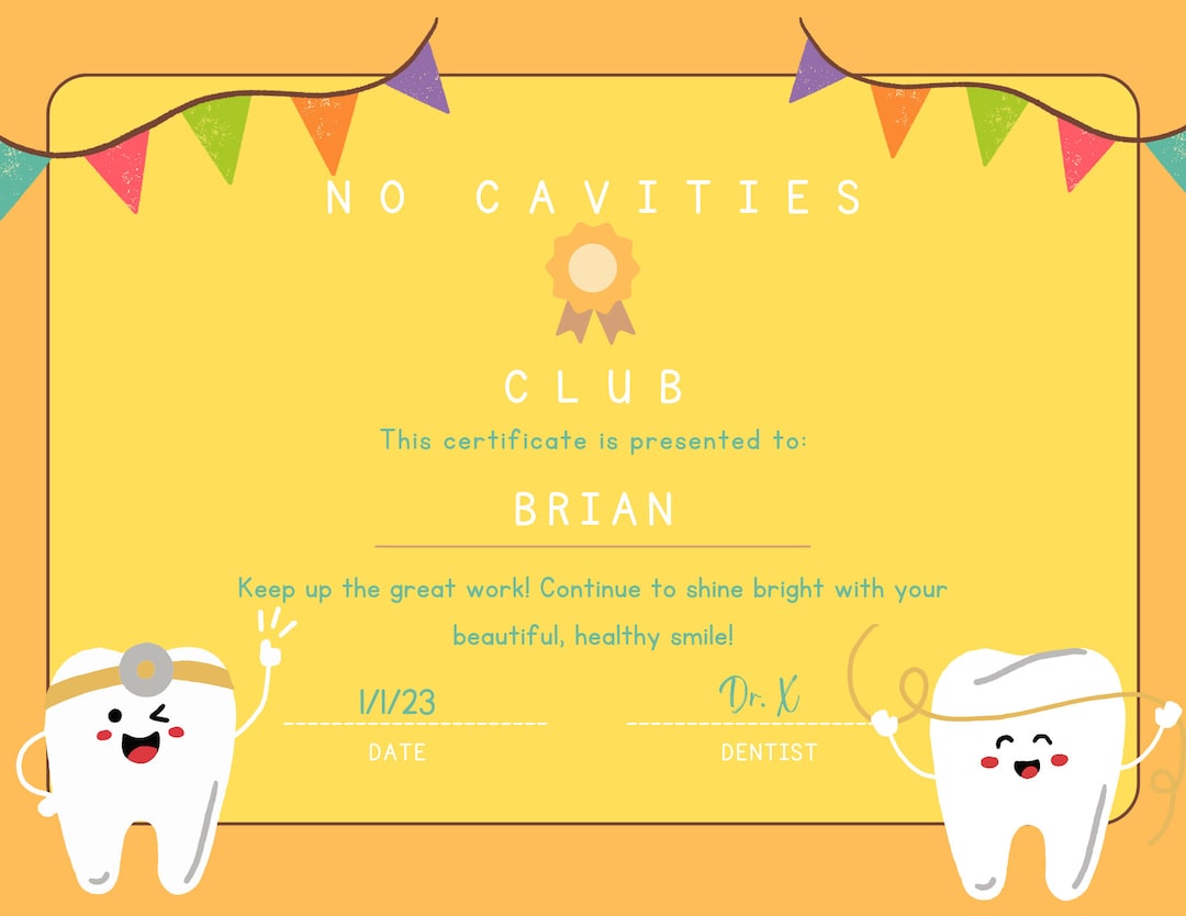 No Cavities Club Dental Certificate: Editable Digital Download - Etsy
