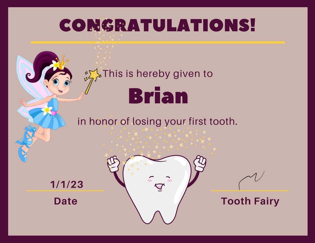 Tooth Fairy First Tooth Customizable Digital Download Certificate - Etsy