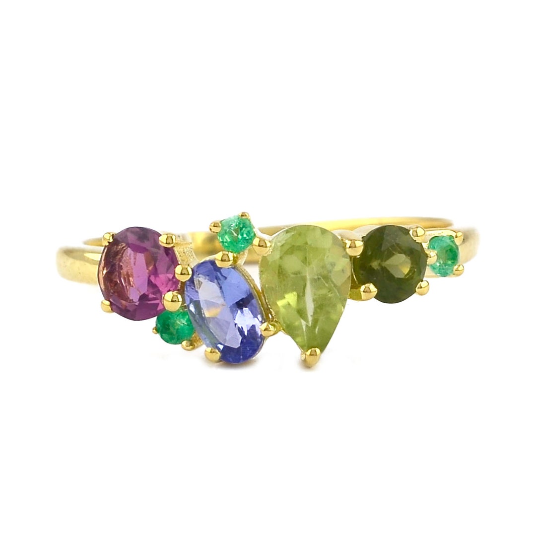 Multi Stone 14K Solid Gold Cluster Ring: Emerald, Tanzanite, Tourmaline ...