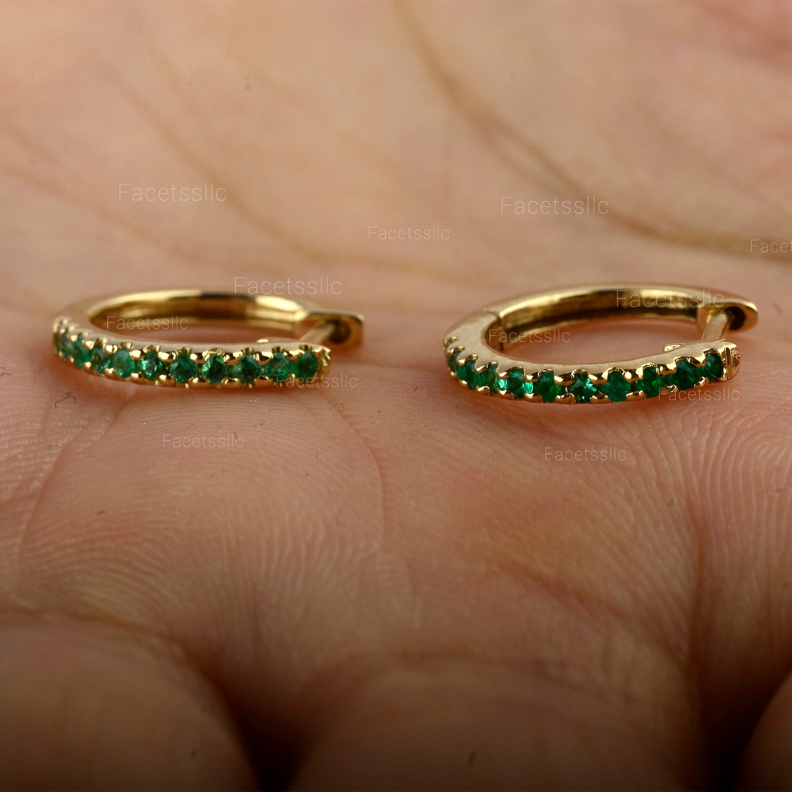 14K Gold Emerald Huggie Hoops: Dainty Cartilage Earrings - Etsy
