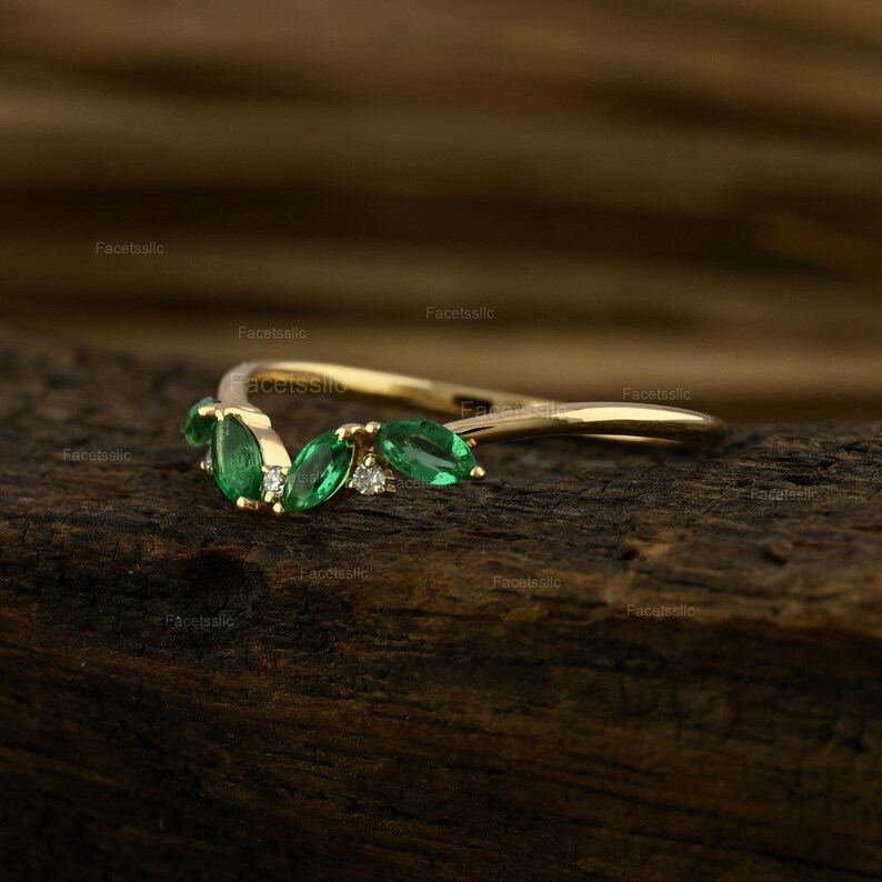 Zambian Emerald Natural Diamond Chevron Ring, 14K Yellow Gold Band - Etsy