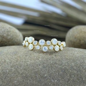 14K Solid Gold Genuine Diamond Cluster Ring, Classic Wedding Band Ring, Multi Stone Diamond ...