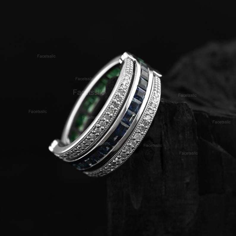 Reversible 18K Emerald Sapphire Diamond Ring, Flipping Diamond Band ...