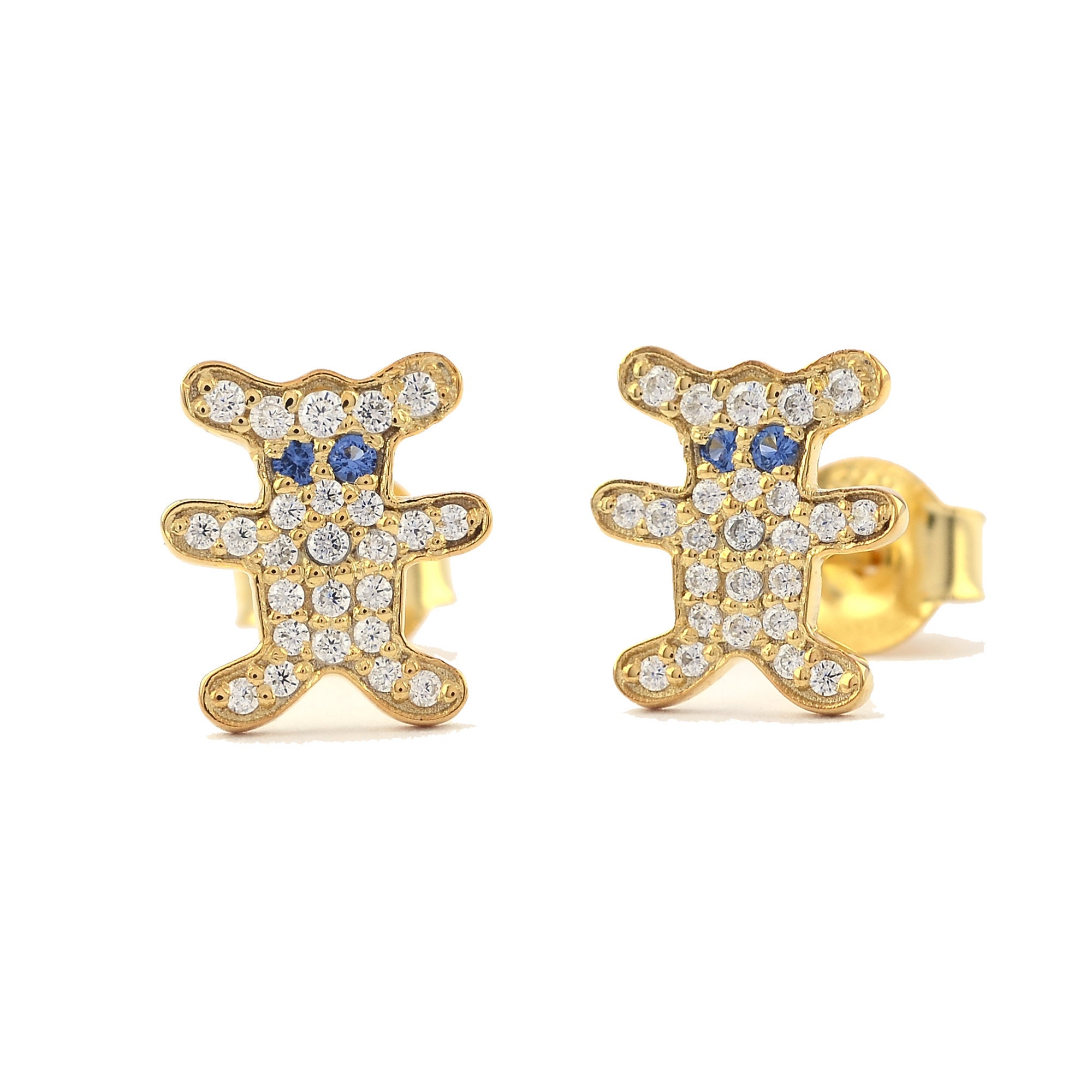 14K Solid Gold Studs/ Teddy Bear Stud Earrings/ Natural Blue Sapphire Diamond Pave Earrings/ Toy ...