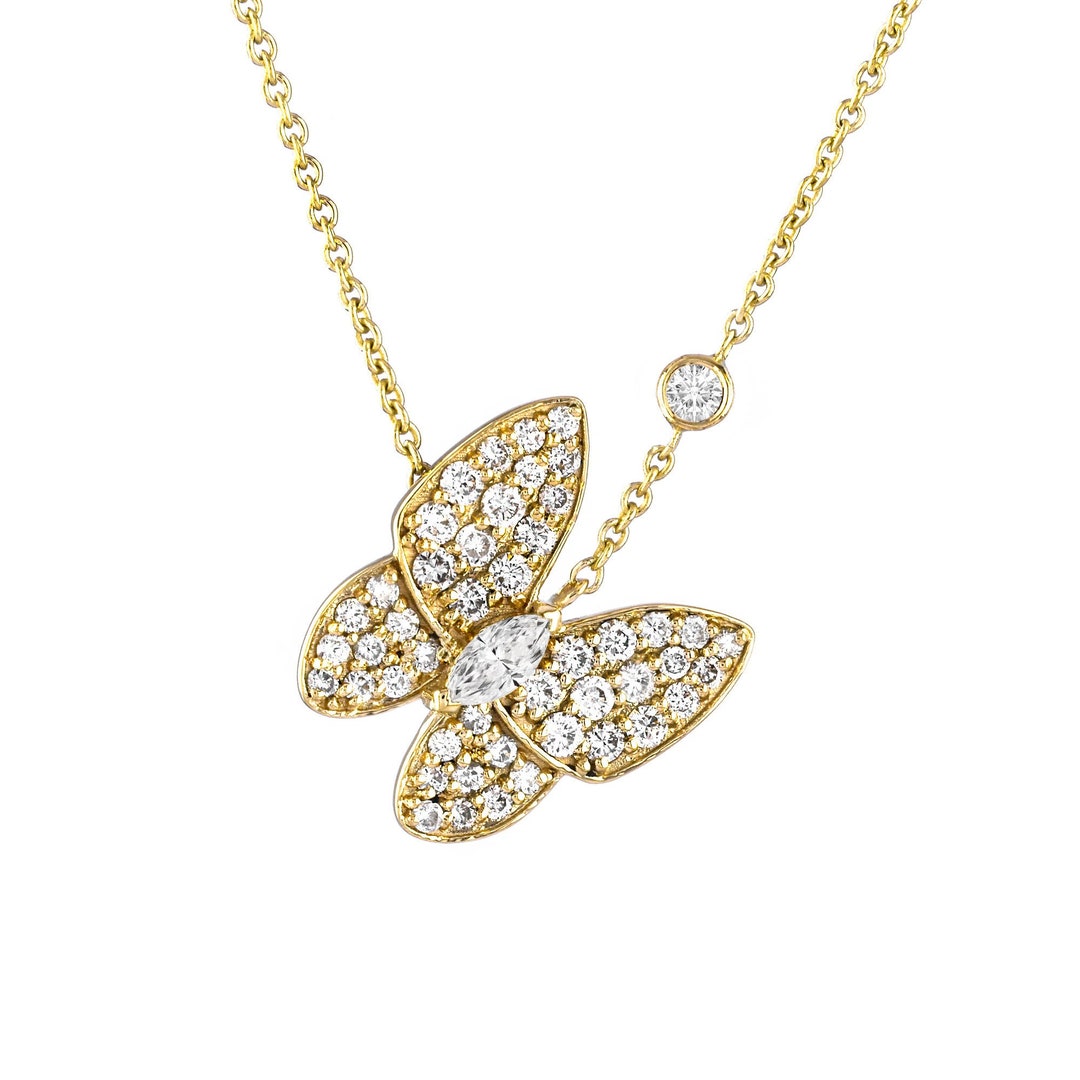 Pave Diamond Butterfly Necklace: Solid 14K Yellow Gold Dainty Necklace ...