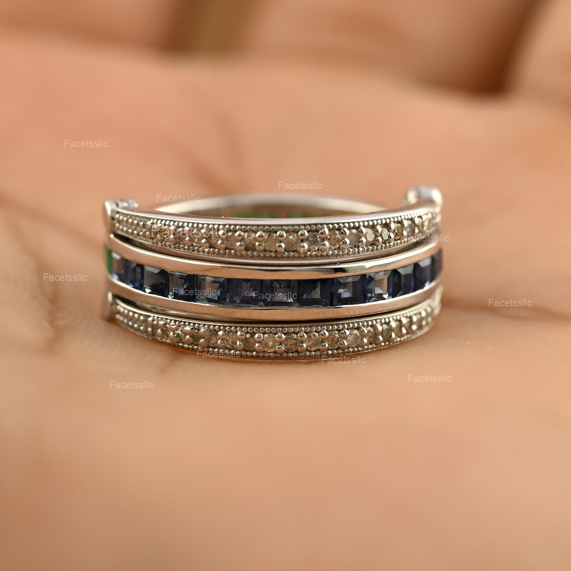 Reversible 18K Emerald Sapphire Diamond Ring, Flipping Diamond Band ...