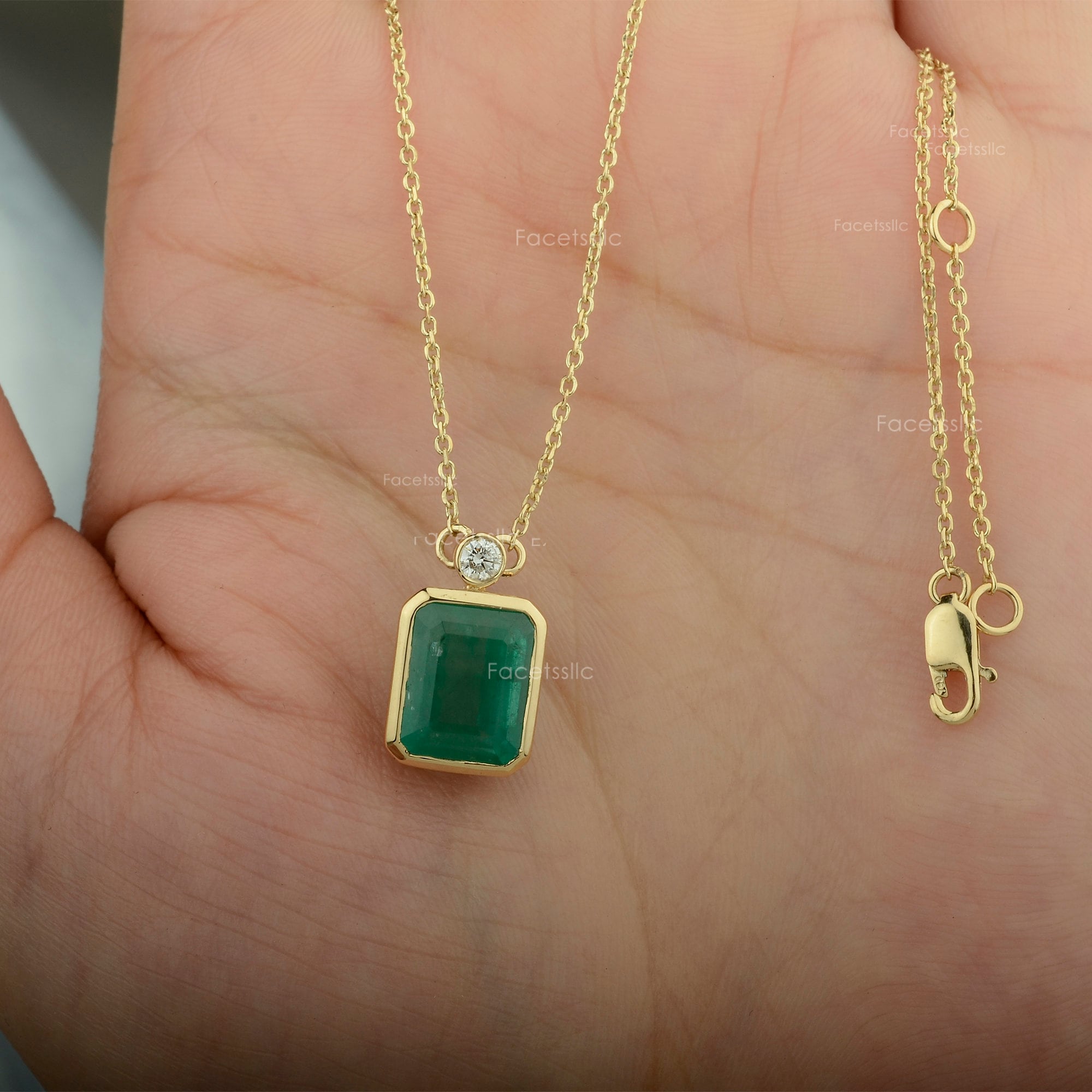 18K Gold Emerald Necklace/ Genuine Emerald Cut Emerald Pendant Necklace ...