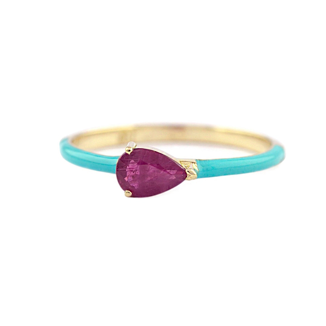 Solitaire Pear Shape Ruby Ring, Solid 14K Yellow Gold Ring, Blue Enamel Ring, Turquoise Enamel ...
