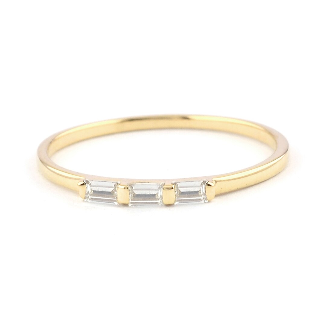 Triple Baguette Diamond Ring/ 14K Gold Genuine Diamond Wedding Band/ Three Stone Diamond Ring ...