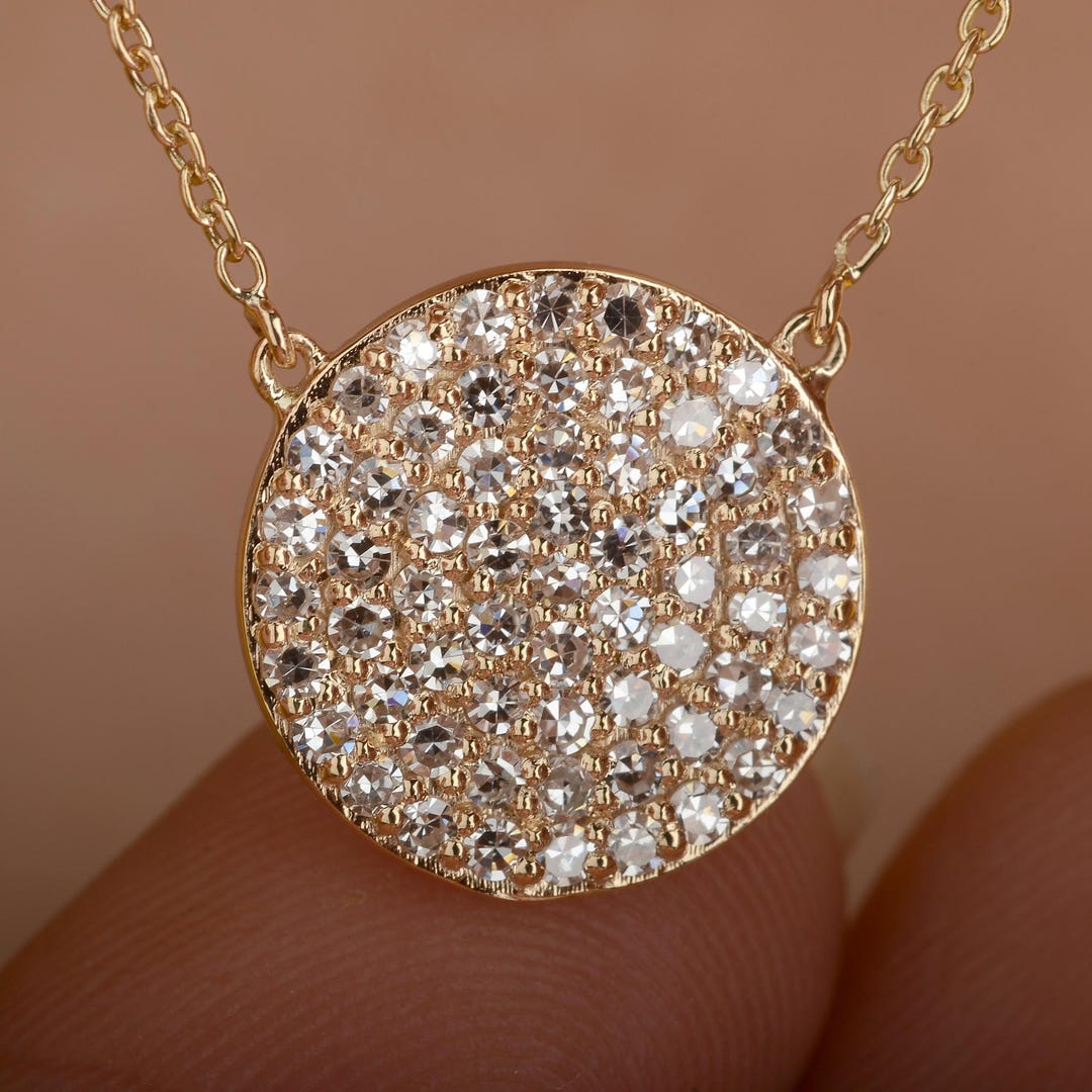 Natural Diamond Circle Necklace, Solid 18K Yellow Gold Necklace, Women ...