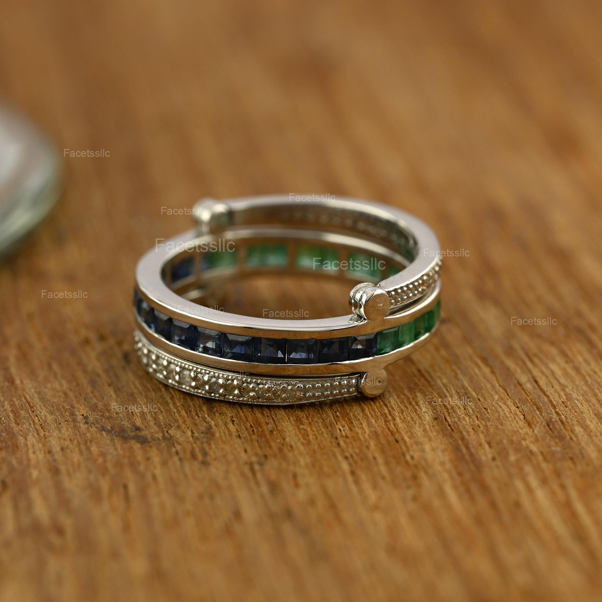 Reversible 18K Emerald Sapphire Diamond Ring, Flipping Diamond Band ...