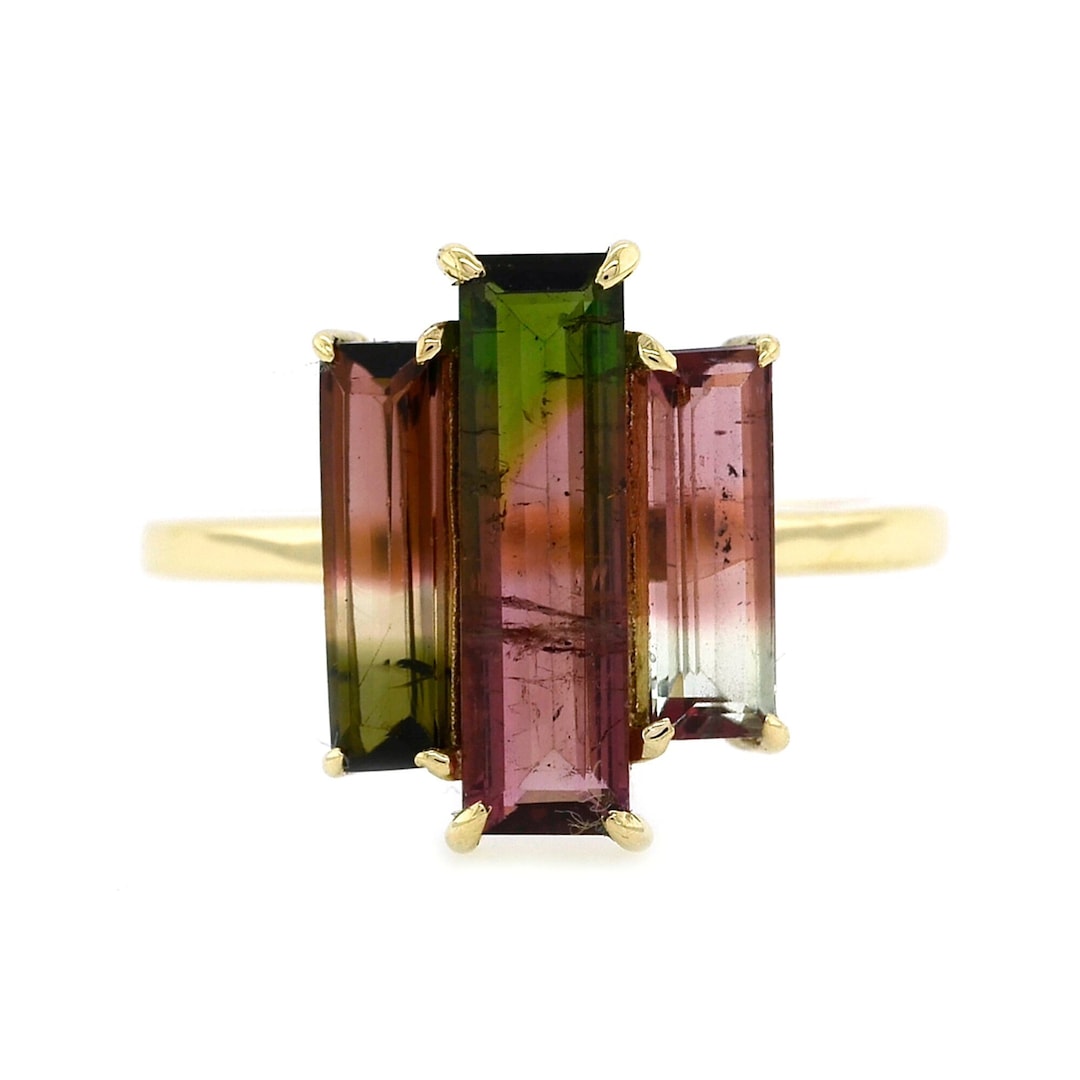 Three Stone 14K Solid Gold Genuine Watermelon Tourmaline Ring/ Unique ...