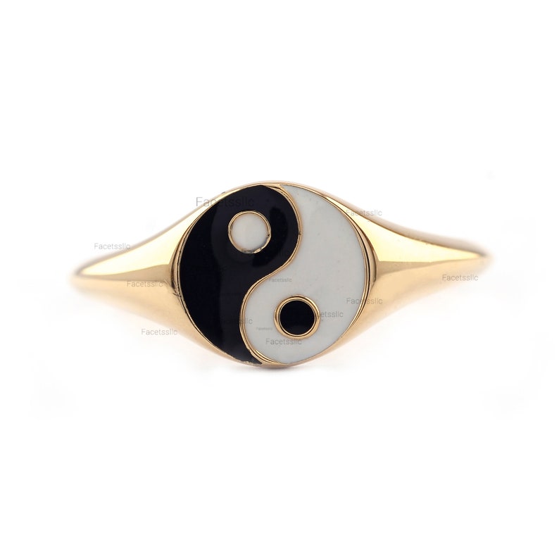 Yin Yang Signet Ring With Black White Enamel/ 14K Solid Gold Ring ...