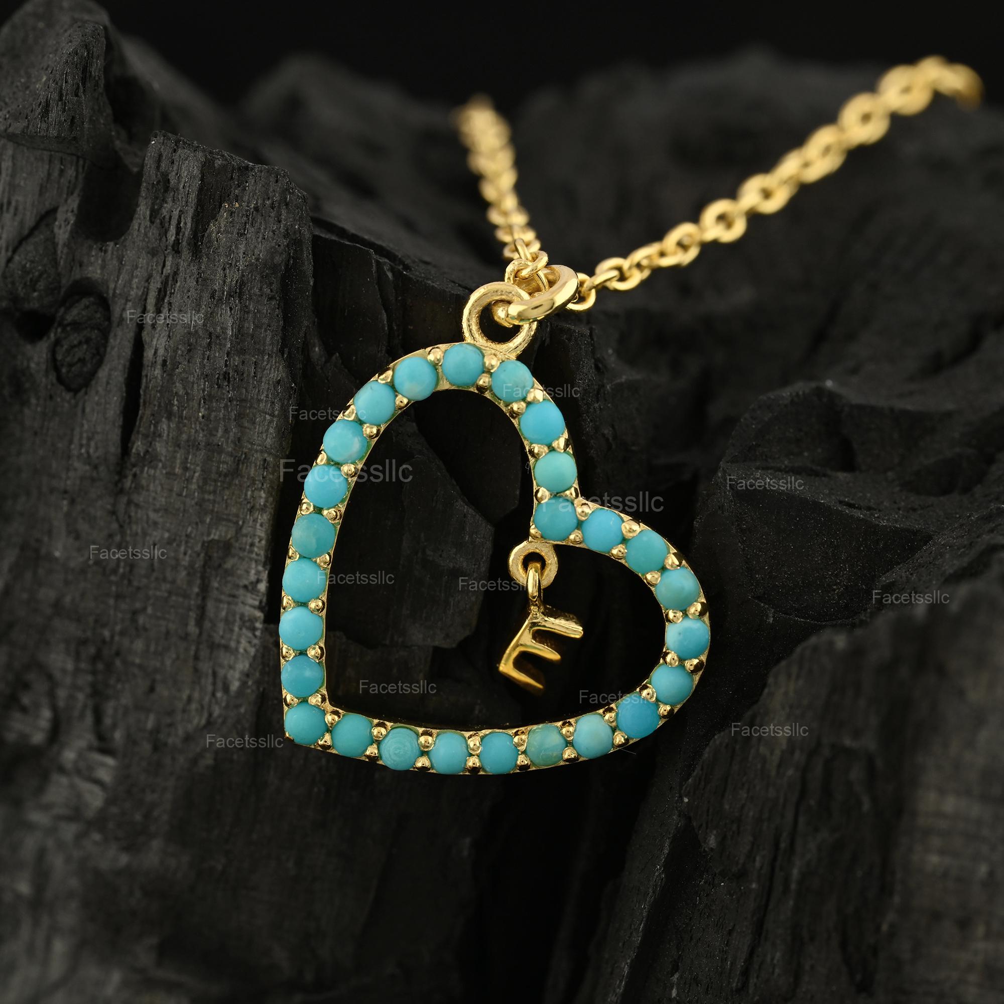 Turquoise Initial Necklace, Solid 18K Yellow Gold Heart Personalized ...