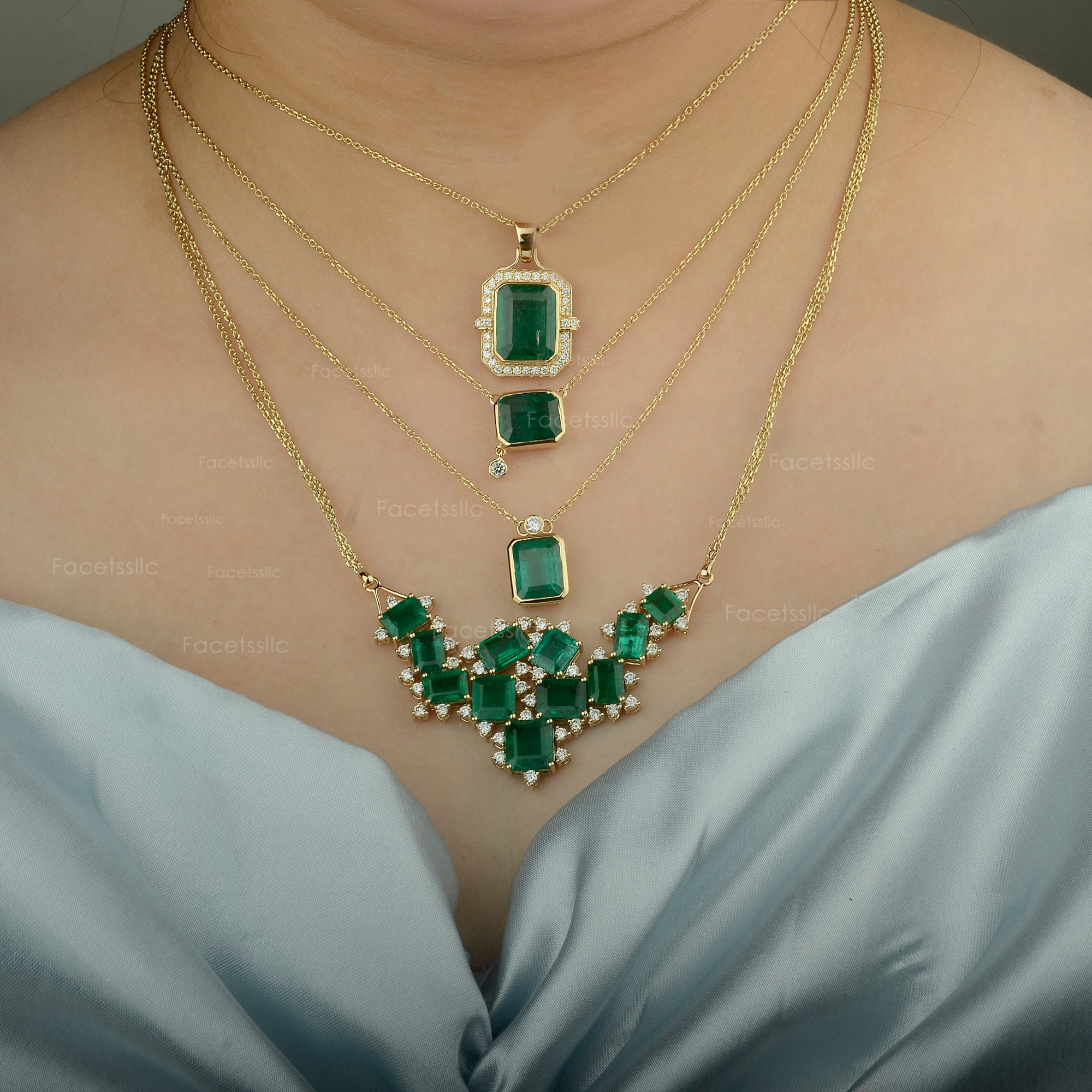 18K Gold Emerald Cut Emerald Necklace: Diamond Accent, Certified ...