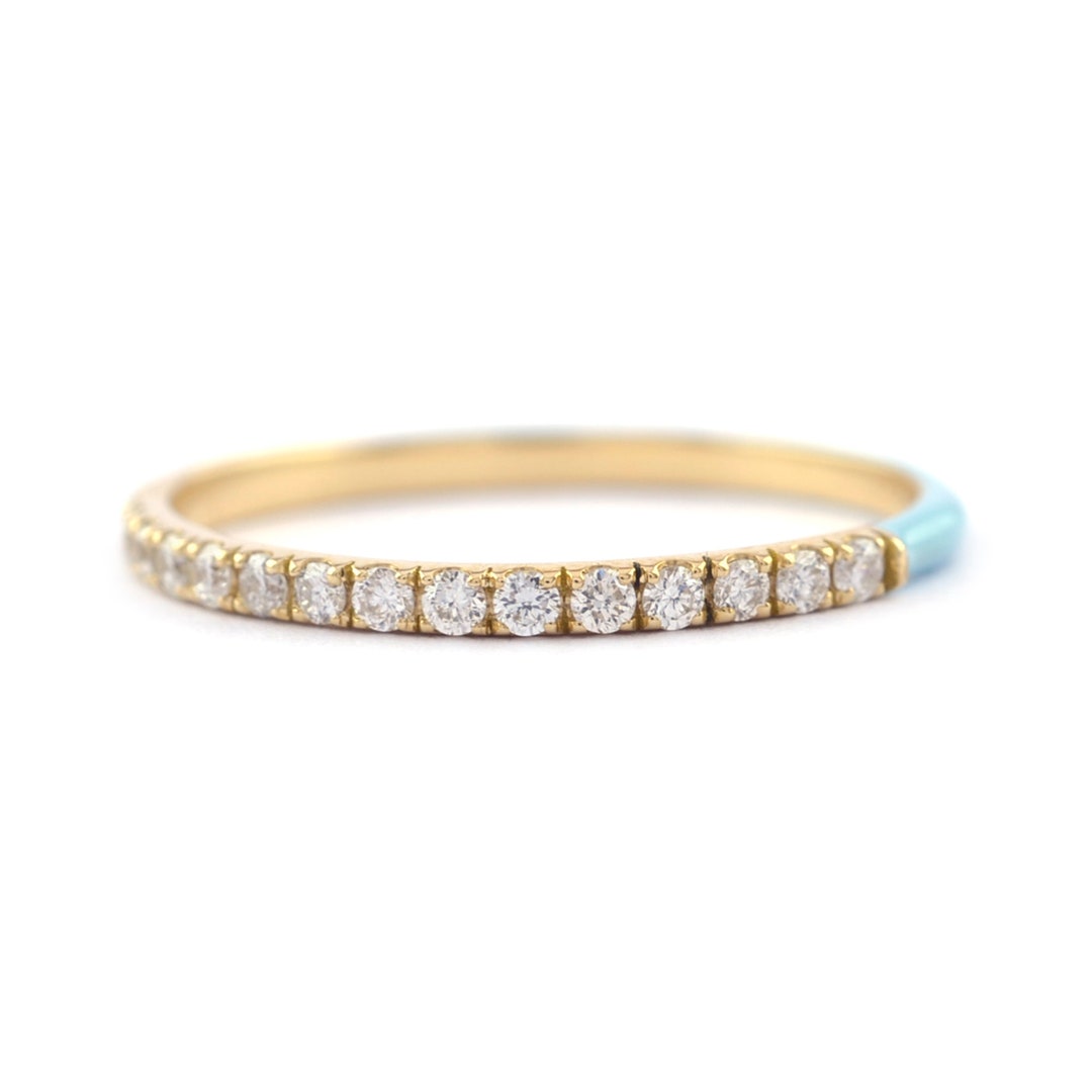 Half Enamel and Half Diamond Eternity Ring, 14K Solid Gold Minimalist ...