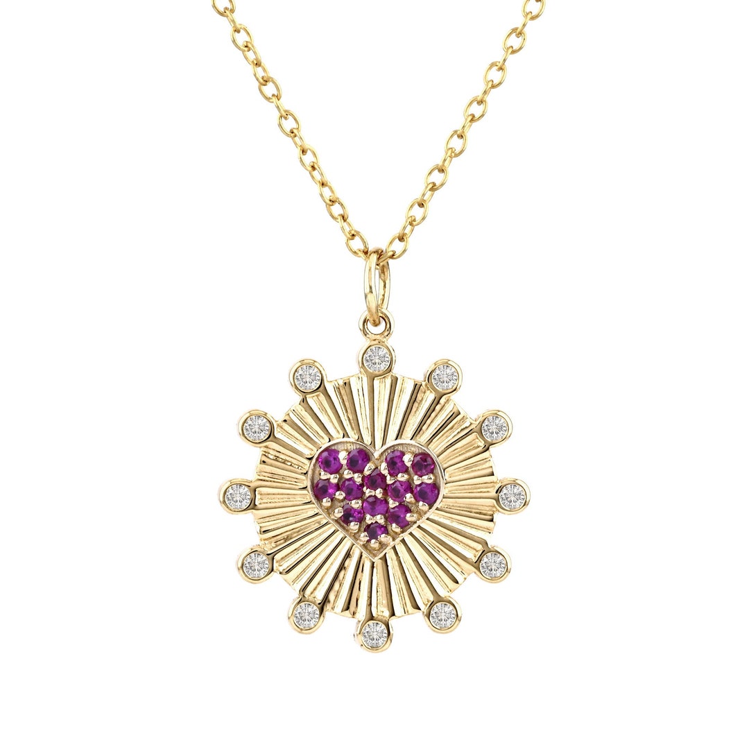 Ruby and Diamond Charm Pendant, 14K Solid Gold Disc Pendant, Genuine ...