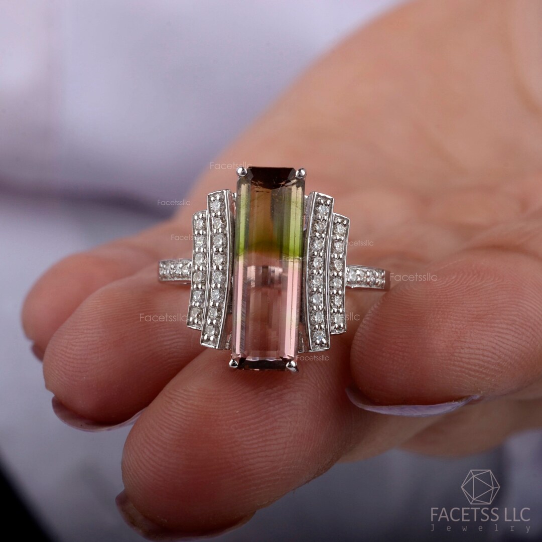 18K White Gold Watermelon Tourmaline Ring: Natural Diamond Accent - Etsy