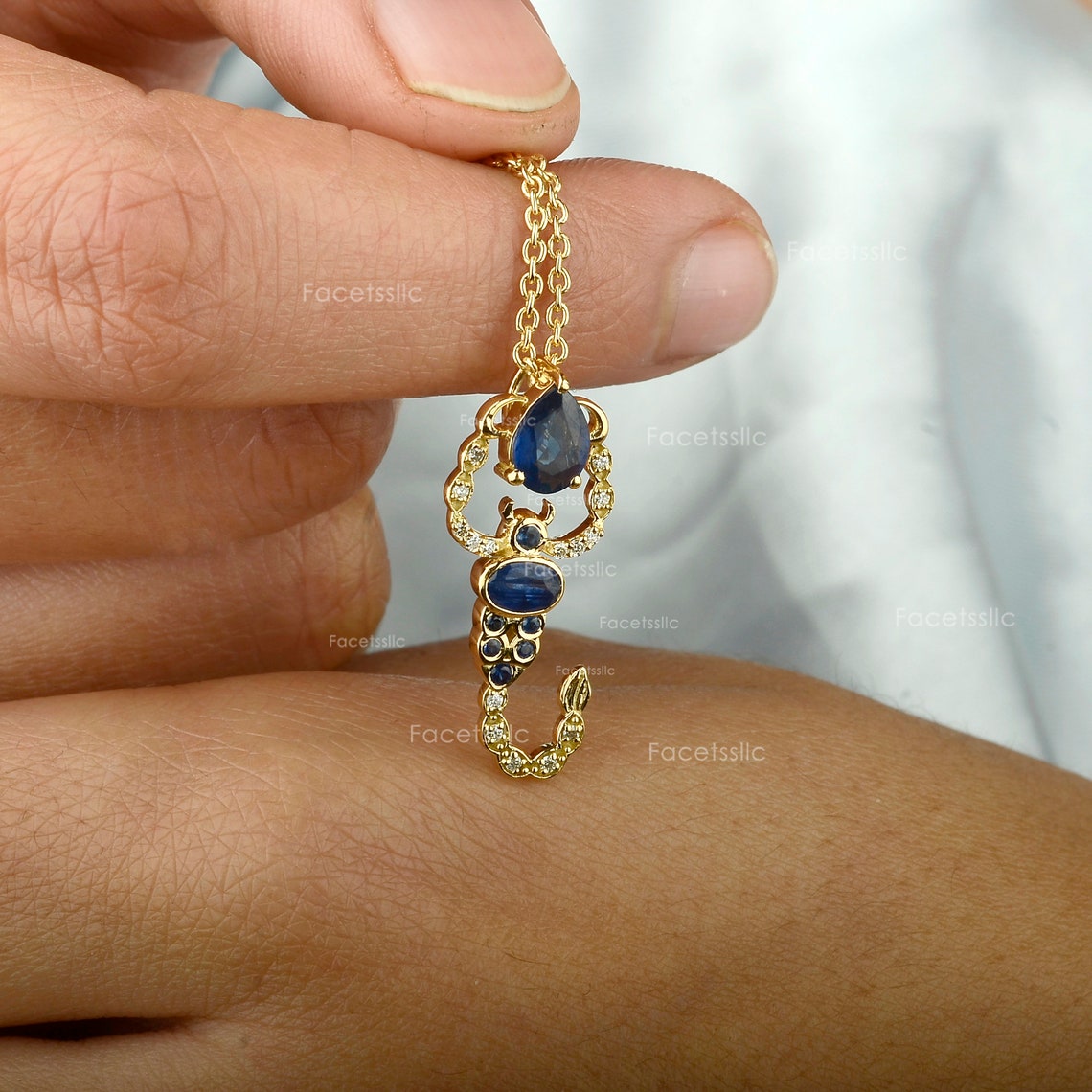 14K Gold Scorpion Necklace: Sapphire & Diamond Scorpio Pendant - Etsy