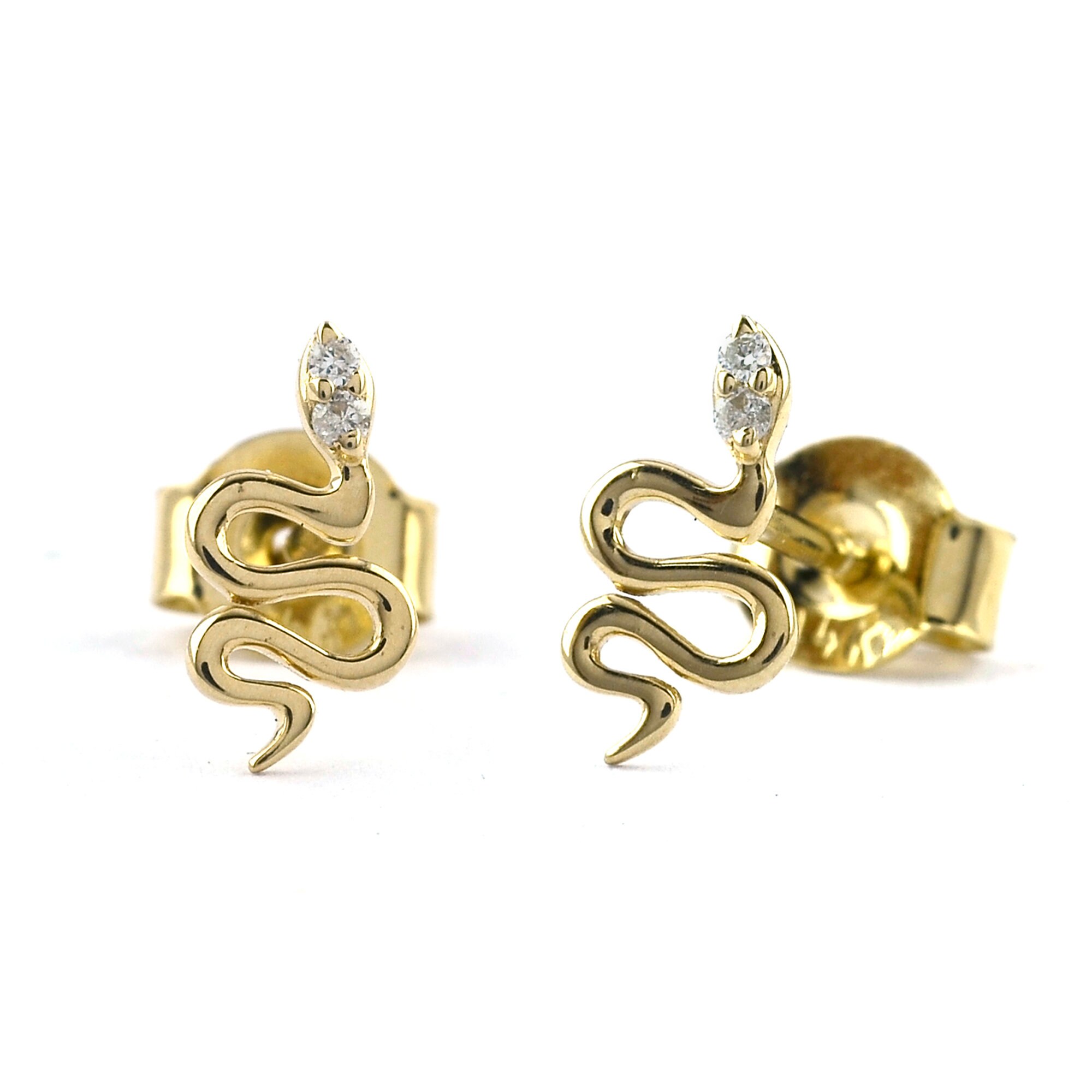 Snake Stud Earrings/ Natural Diamond Studs/14k Solid Gold Earrings ...