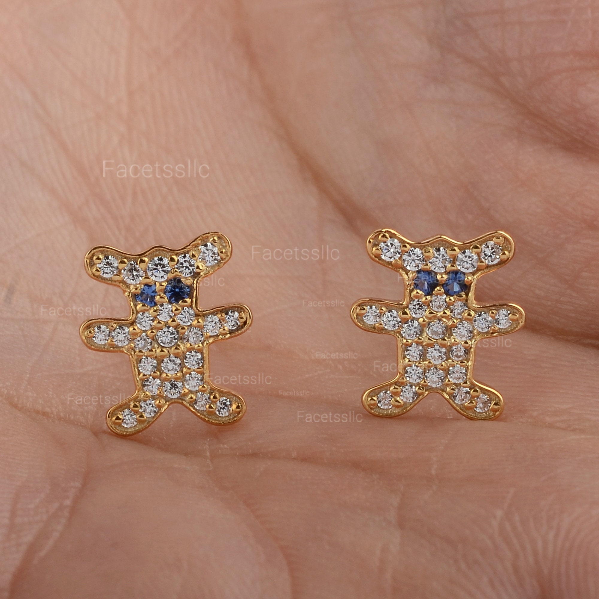 14K Solid Gold Studs/ Teddy Bear Stud Earrings/ Natural Blue Sapphire Diamond Pave Earrings/ Toy ...