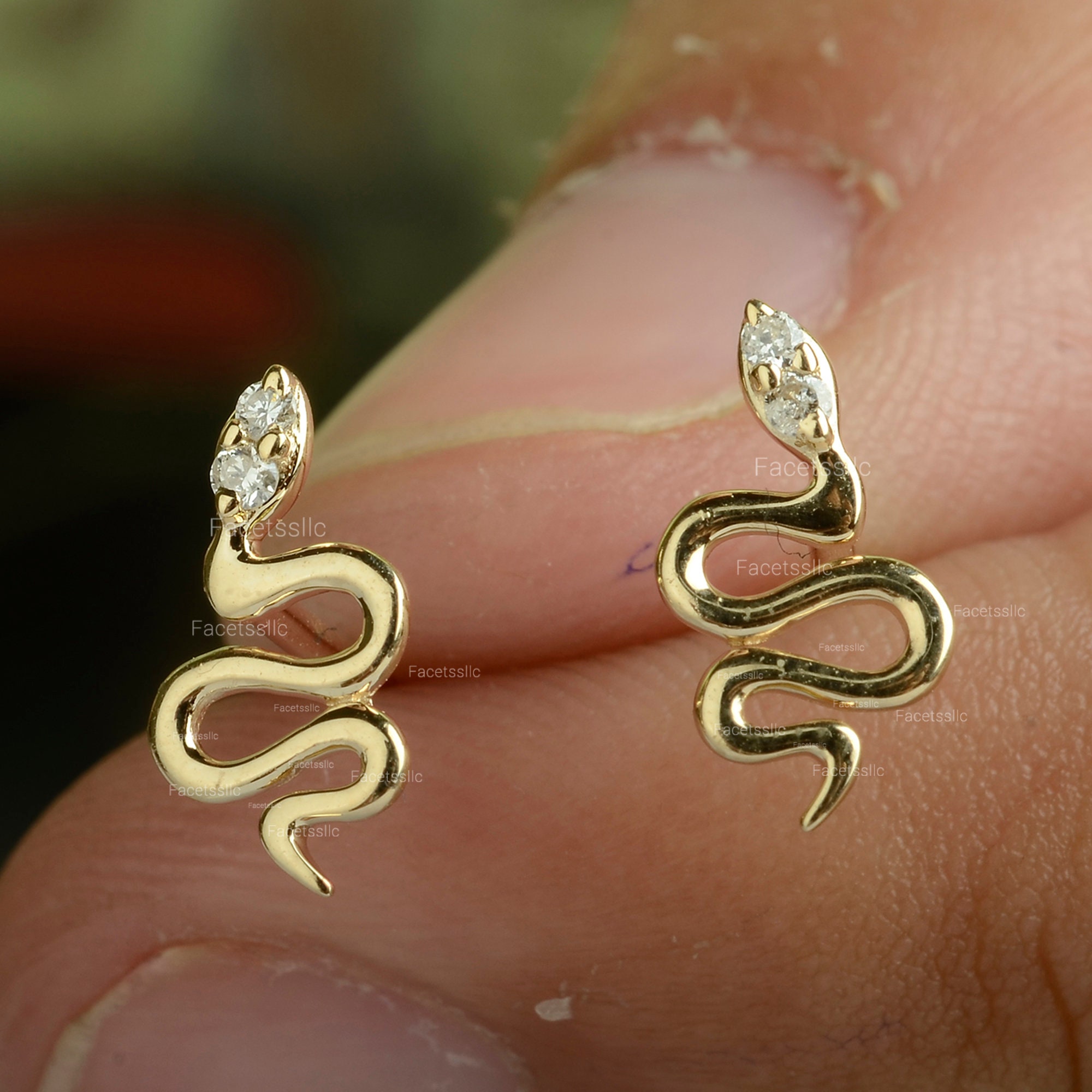 Snake Stud Earrings/ Natural Diamond Studs/14k Solid Gold Earrings ...