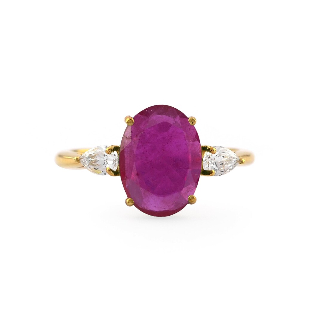 Genuine Treated Ruby Gold Ring, Real Diamond Ring, Solid 18K Yellow ...