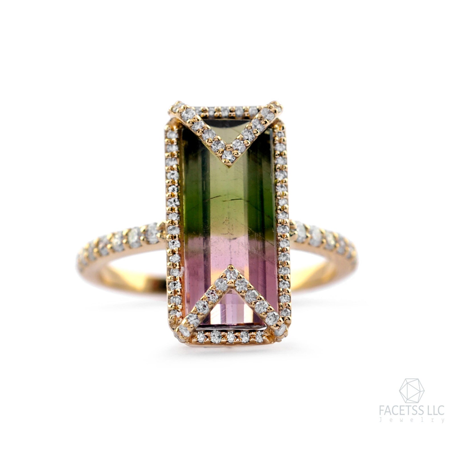 Baguette Watermelon Tourmaline Diamond Ring, 18K Yellow Gold Engagement ...