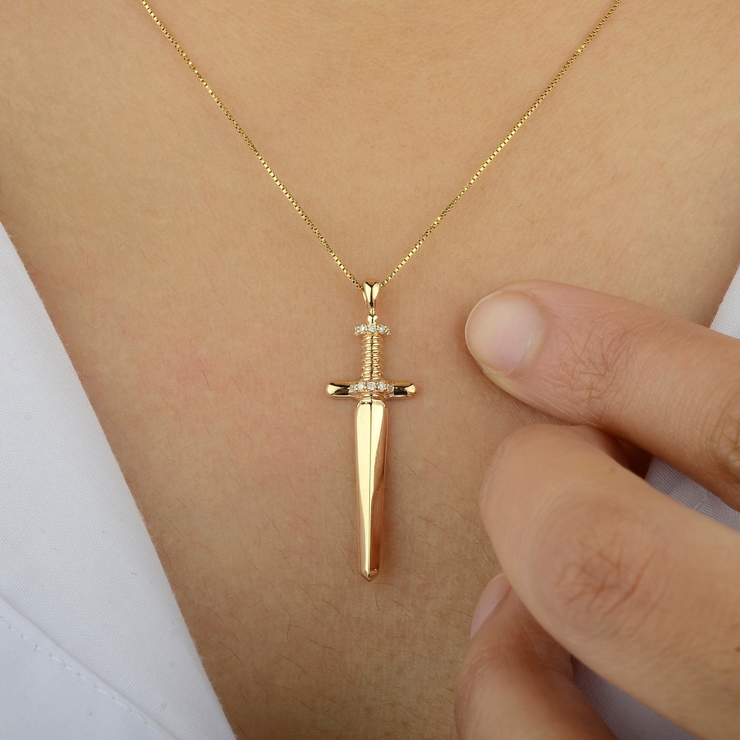 18K Solid Gold Sword Gold Pendant, Archangel Micheal Warrior Sword ...