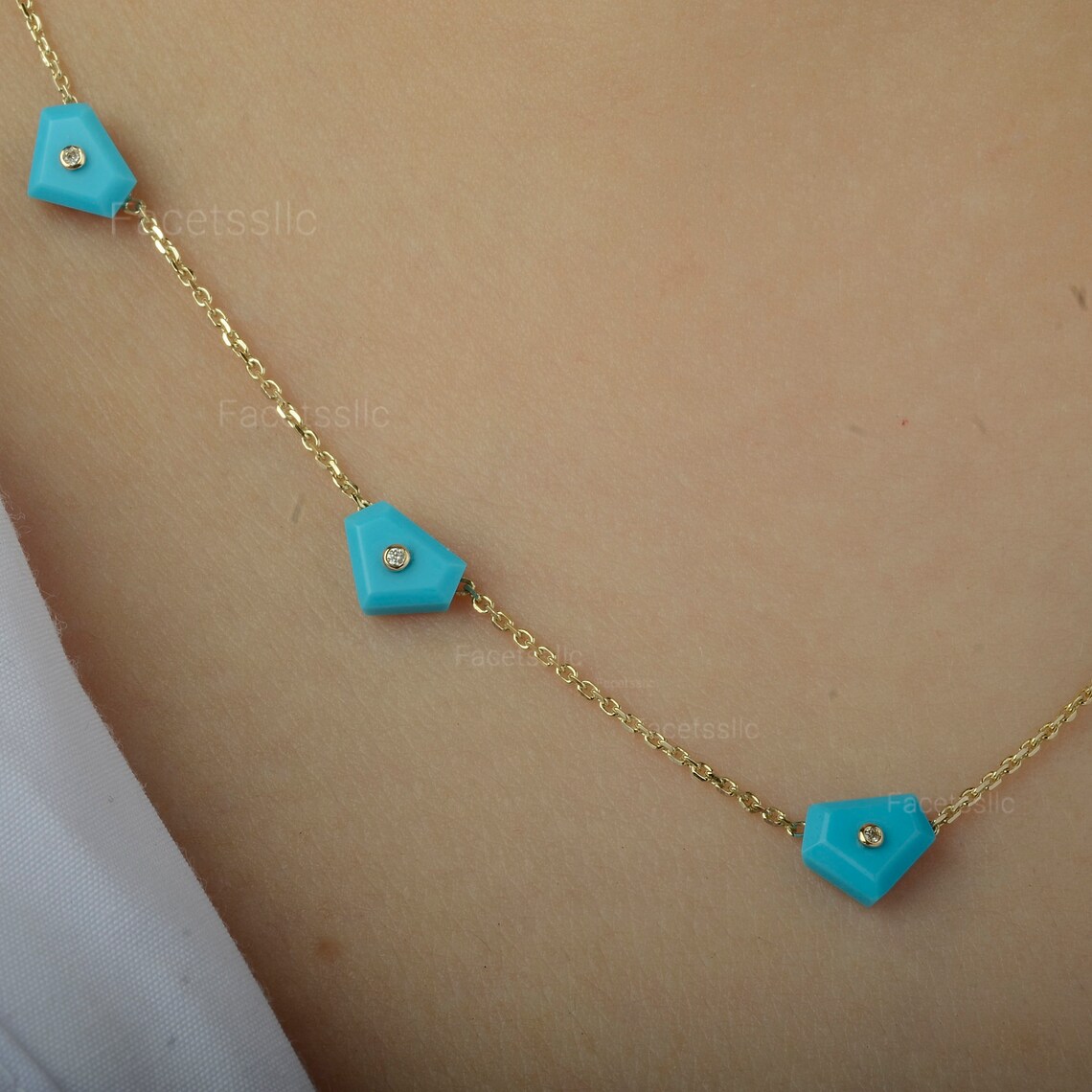 Turquoise Choker Necklace/ Genuine Turquoise Diamond Station - Etsy