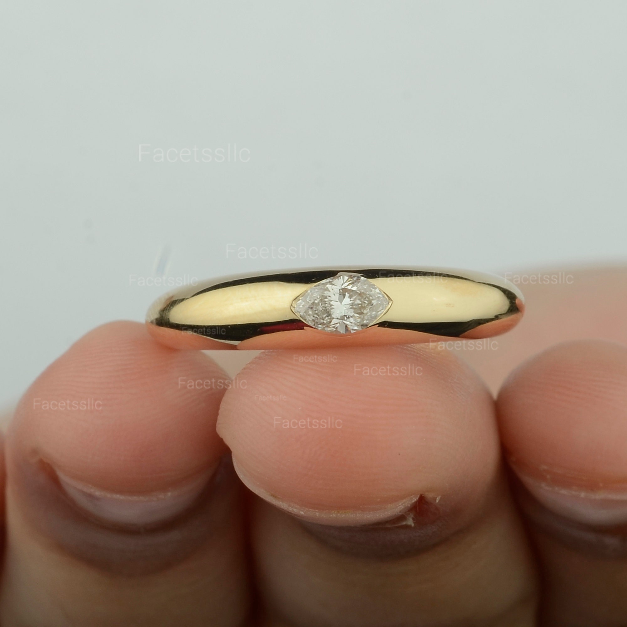 Flush Set Diamond Ring/ Genuine Marquise Diamond Ring/ 14K Solid Gold Dome Ring/ Solitaire ...