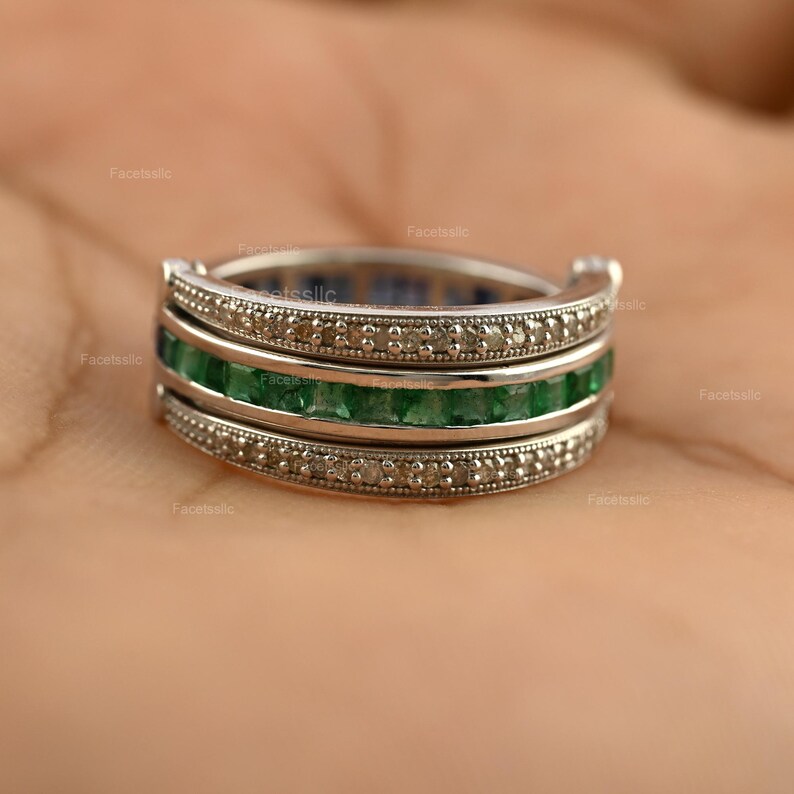 Reversible 18K Emerald Sapphire Diamond Ring, Flipping Diamond Band ...