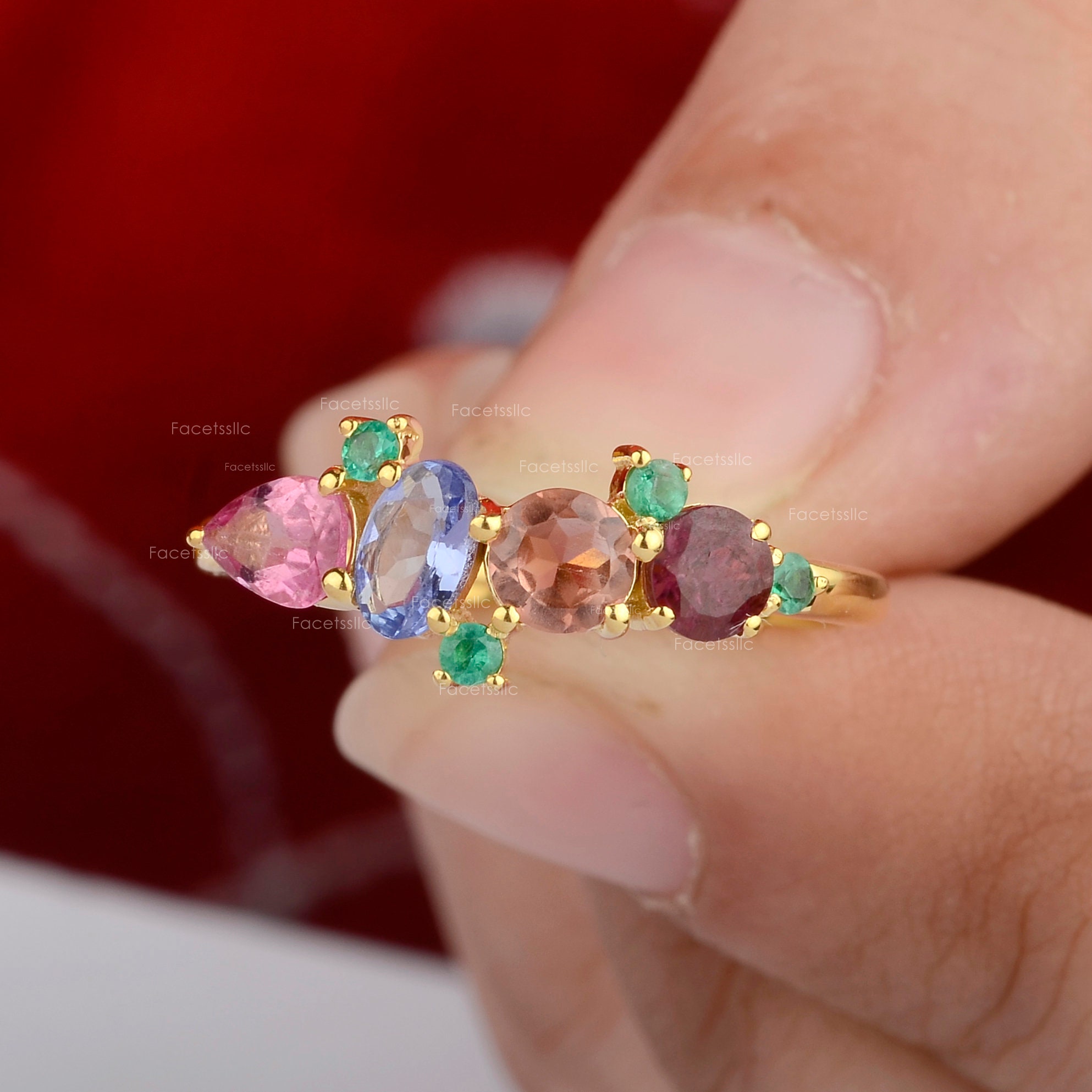 Mix Shape Gemstone Cluster Ring/ Solid 14K Yellow Gold Multi Stone Ring ...