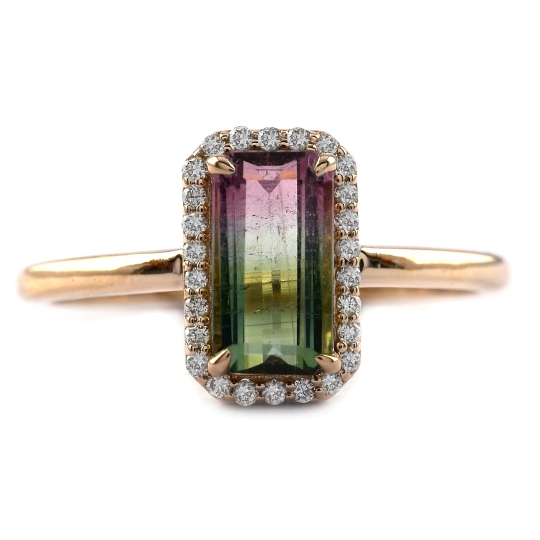 Tri Color Watermelon Tourmaline Ring/ Diamond Halo Ring/ 18K Solid Rose ...