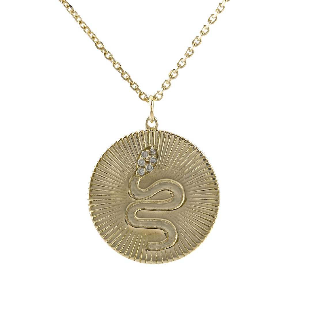 14K Solid Gold Snake Medallion Necklace: Genuine Diamond Serpent - Etsy