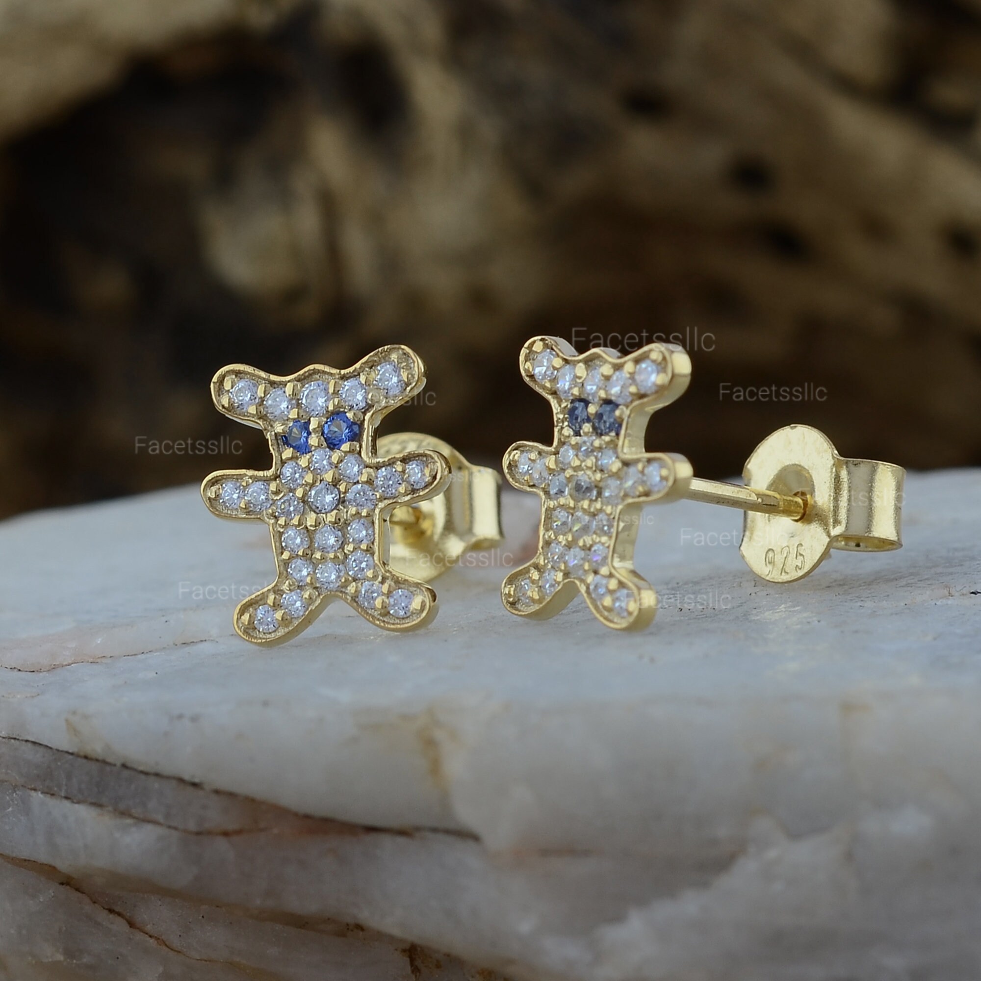14K Solid Gold Studs/ Teddy Bear Stud Earrings/ Natural Blue Sapphire Diamond Pave Earrings/ Toy ...
