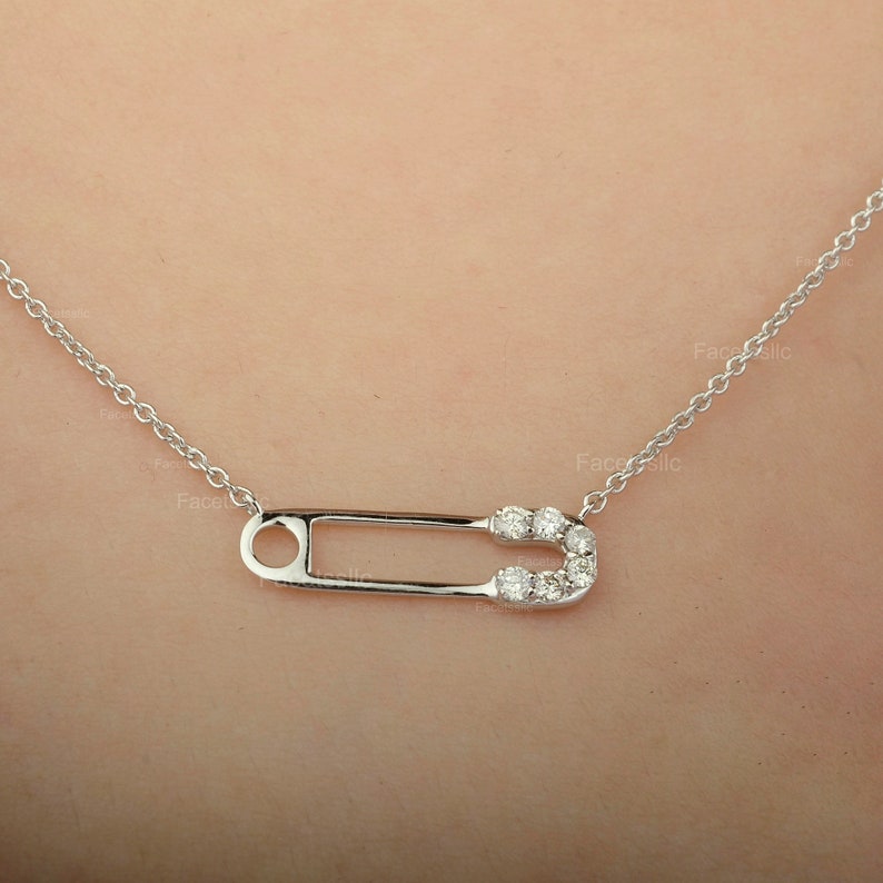 14K White Gold Diamond Safety Pin Necklace: Unique Design - Etsy