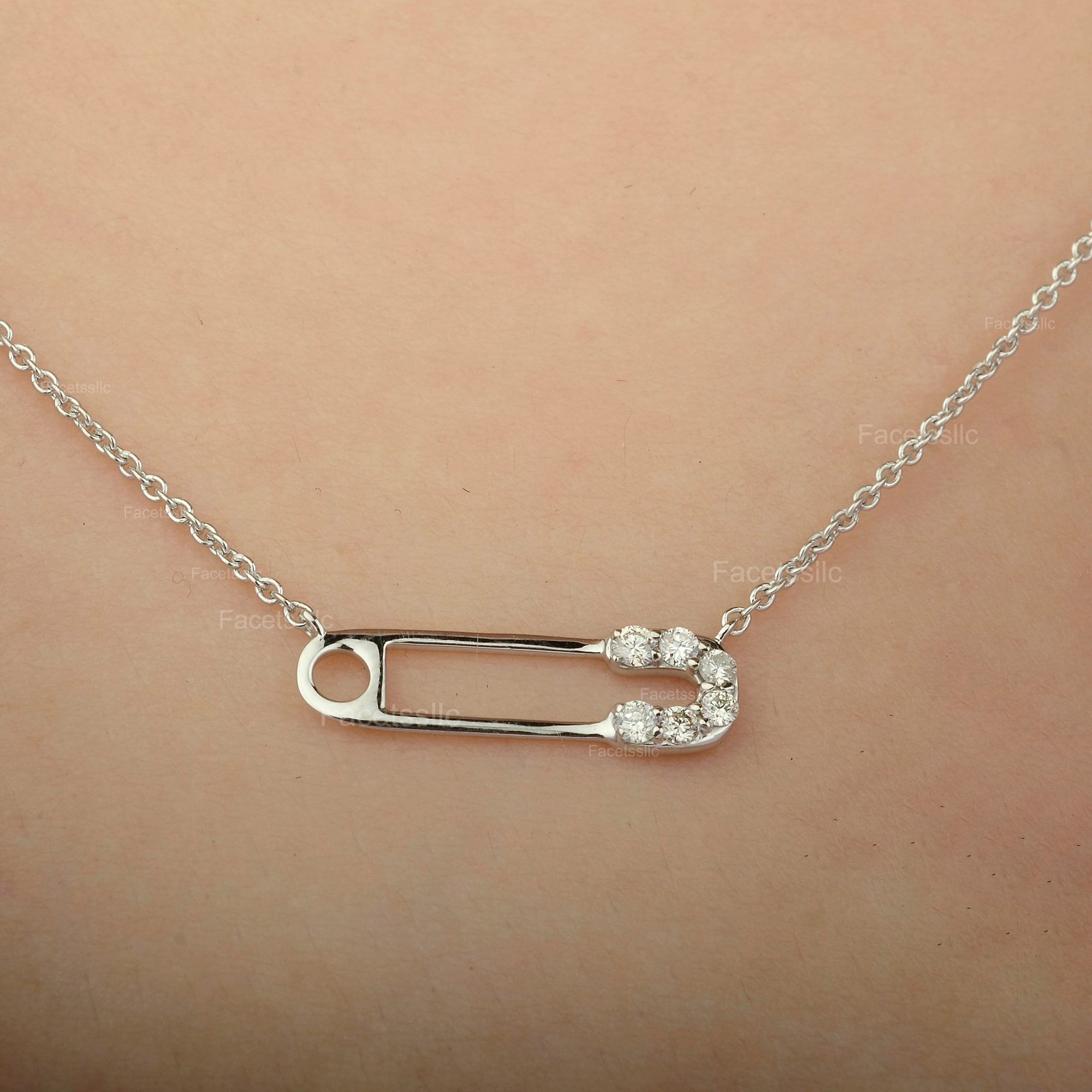 14K White Gold Diamond Safety Pin Necklace: Unique Design - Etsy