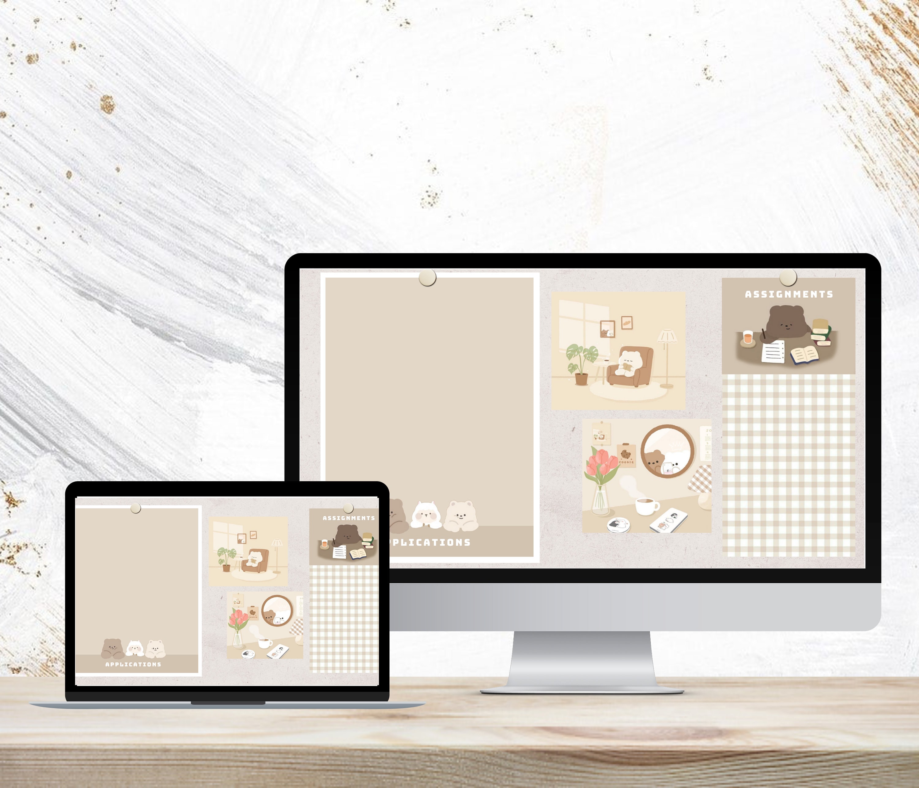 Cute Cartoon Desktop Organizer Wallpaper | Brown , Beige Color ...