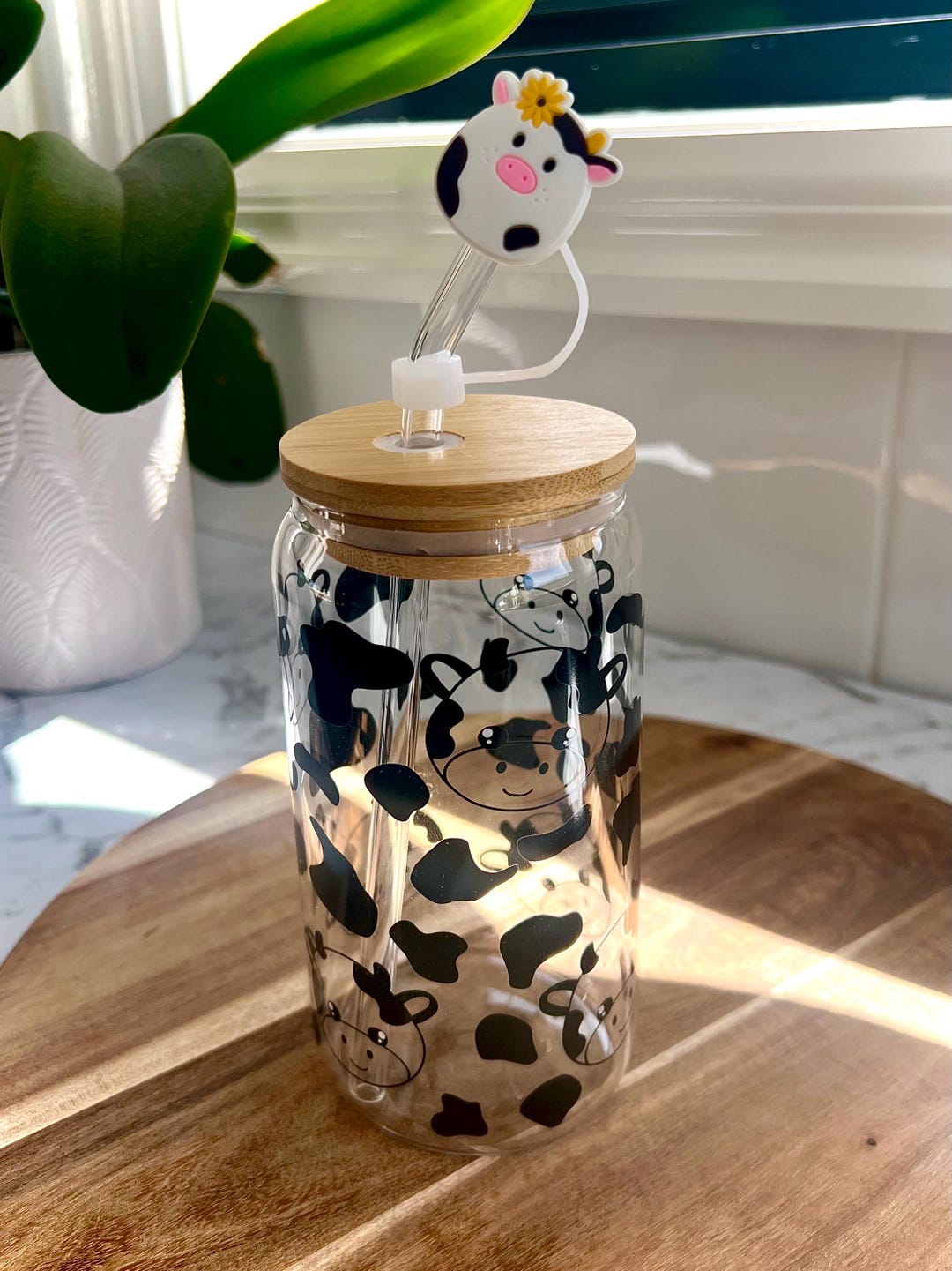Cow Glass Cup With Bamboo Lid, Silicone Straw Cap (500ml) - Etsy Australia
