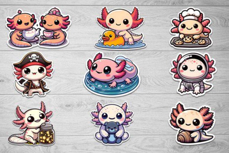 Cute Axolotl Sticker Pack, 50 PNG Designs, Music, Summer, Festive ...