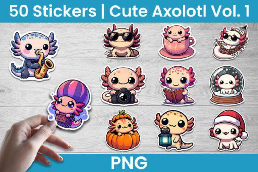 Cute Axolotl Sticker Pack, 50 PNG Designs, Music, Summer, Festive ...
