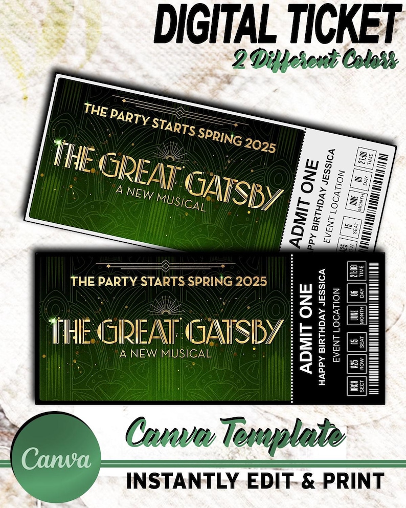 Printable the GREAT GATSBY Musical Theatre Ticket, Personalized Gift ...
