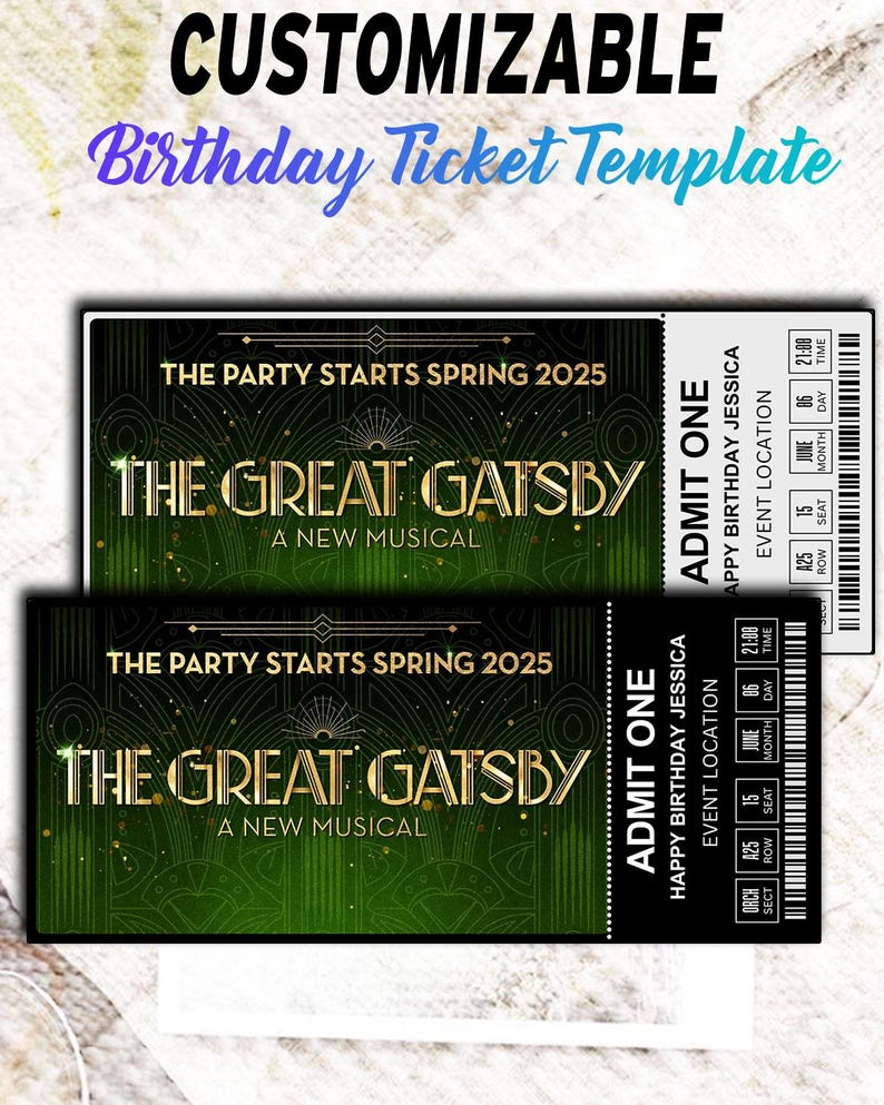 Printable the GREAT GATSBY Musical Theatre Ticket, Personalized Gift ...