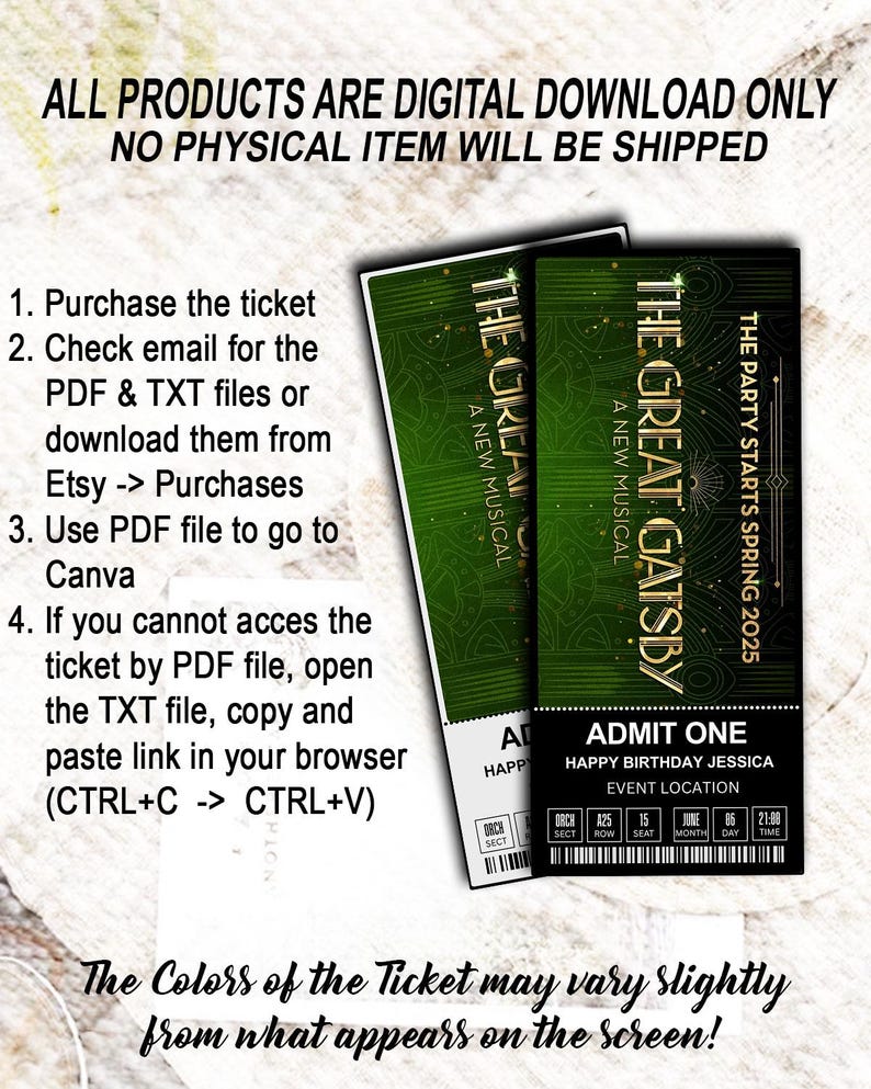 Printable the GREAT GATSBY Musical Theatre Ticket, Personalized Gift ...