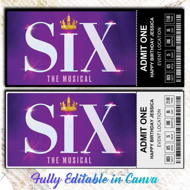 Printable SIX Musical Theatre Ticket, Personalized Gift Reveal ...
